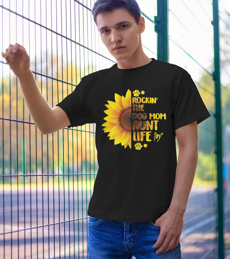 Rockin' The Dog Mom Aunt Life Sunflower Paw Prints T-Shirt