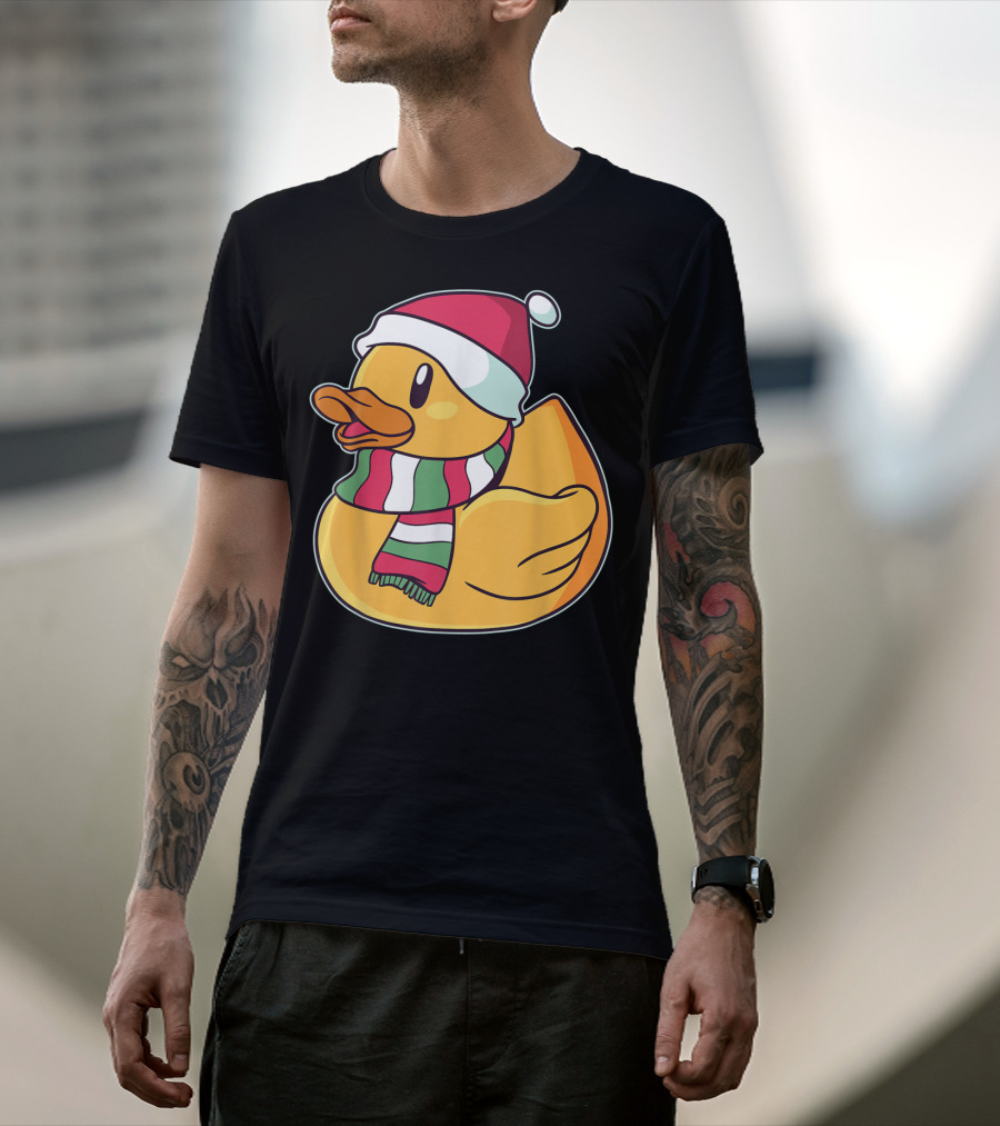 Xmas Rubber Ducky Duckie Duck With Santa Hat And Scarf T-Shirt