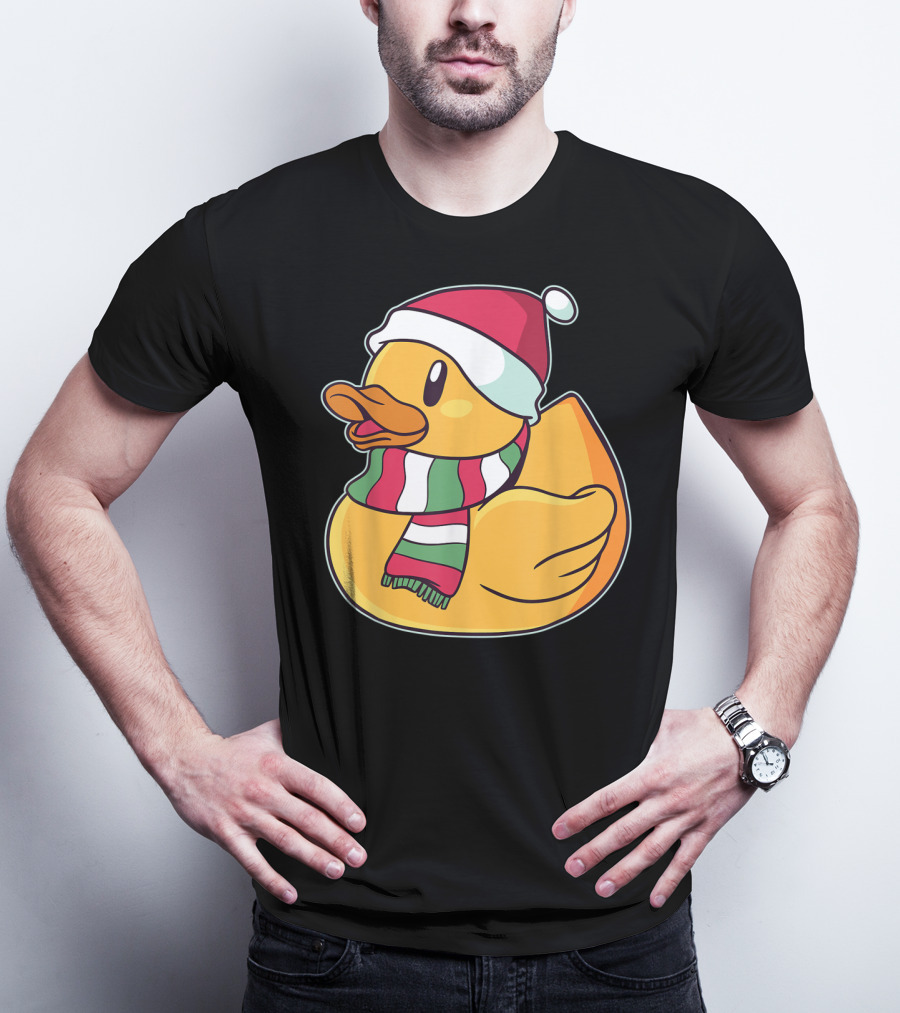 Xmas Rubber Ducky Duckie Duck With Santa Hat And Scarf T-Shirt