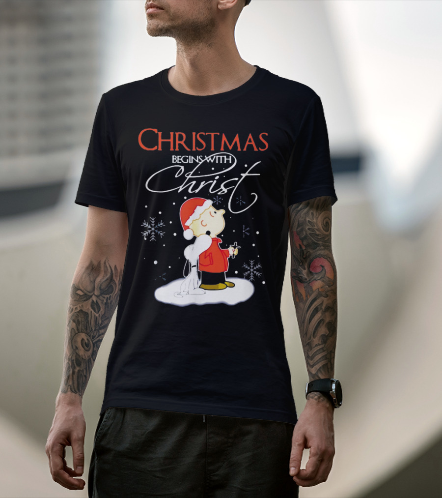 Christmas Begins With Christ Xmas Holiday Boy And Dog With Snowflakes T-Shirt