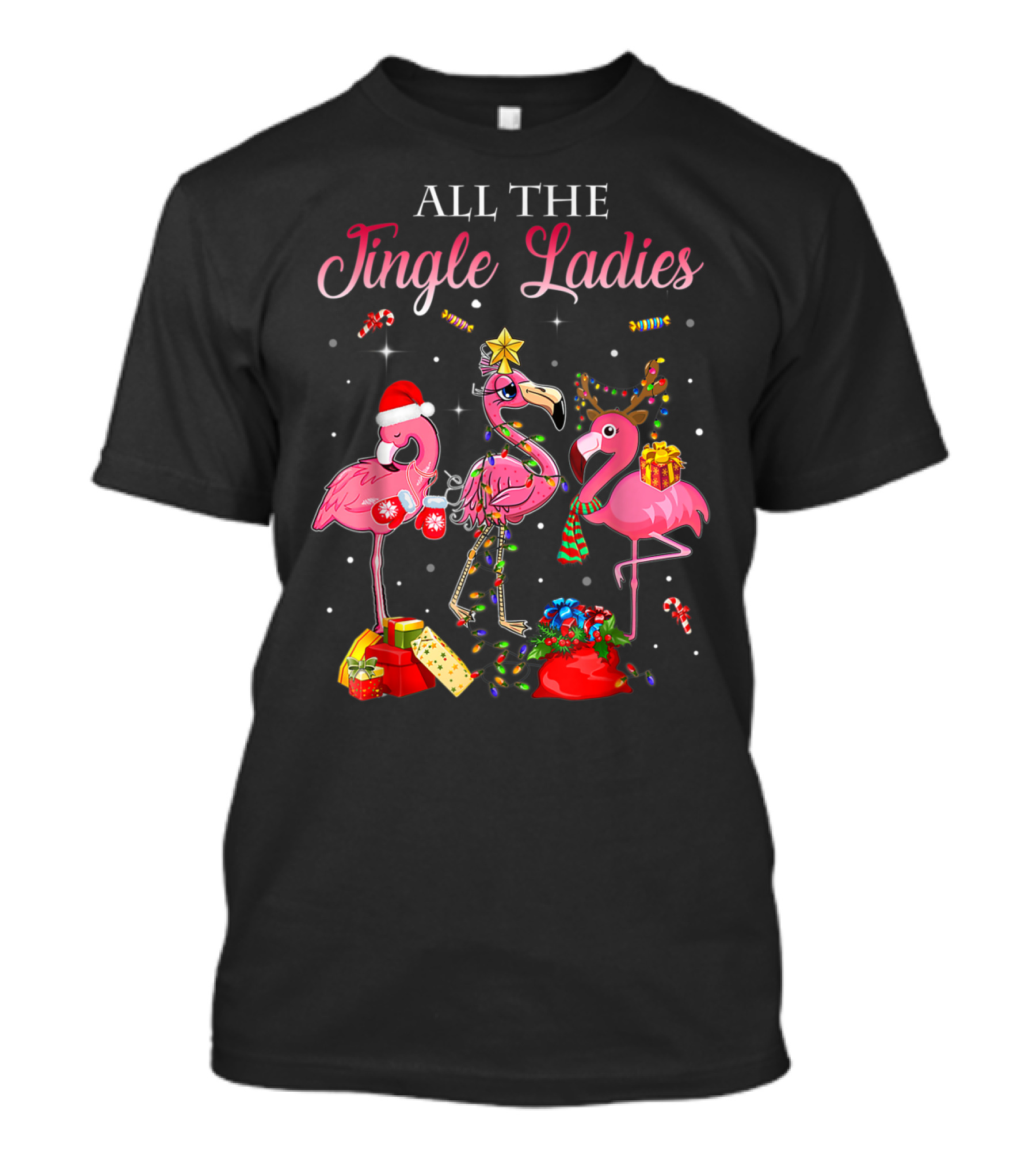 All The Jingle Ladies Christmas Pink Flamingo Santa Hats Presents Lights T-Shirt