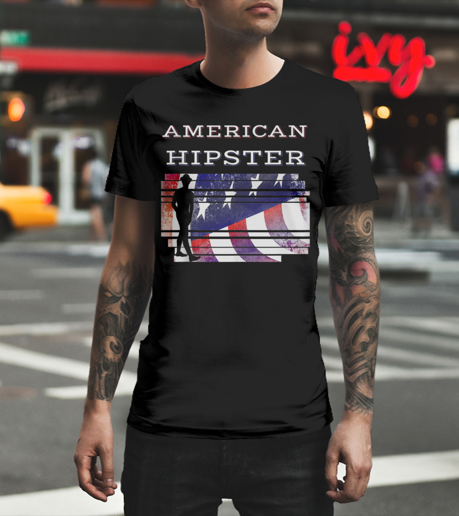 American Hipster Silhouette With Distressed US Flag Background T-Shirt