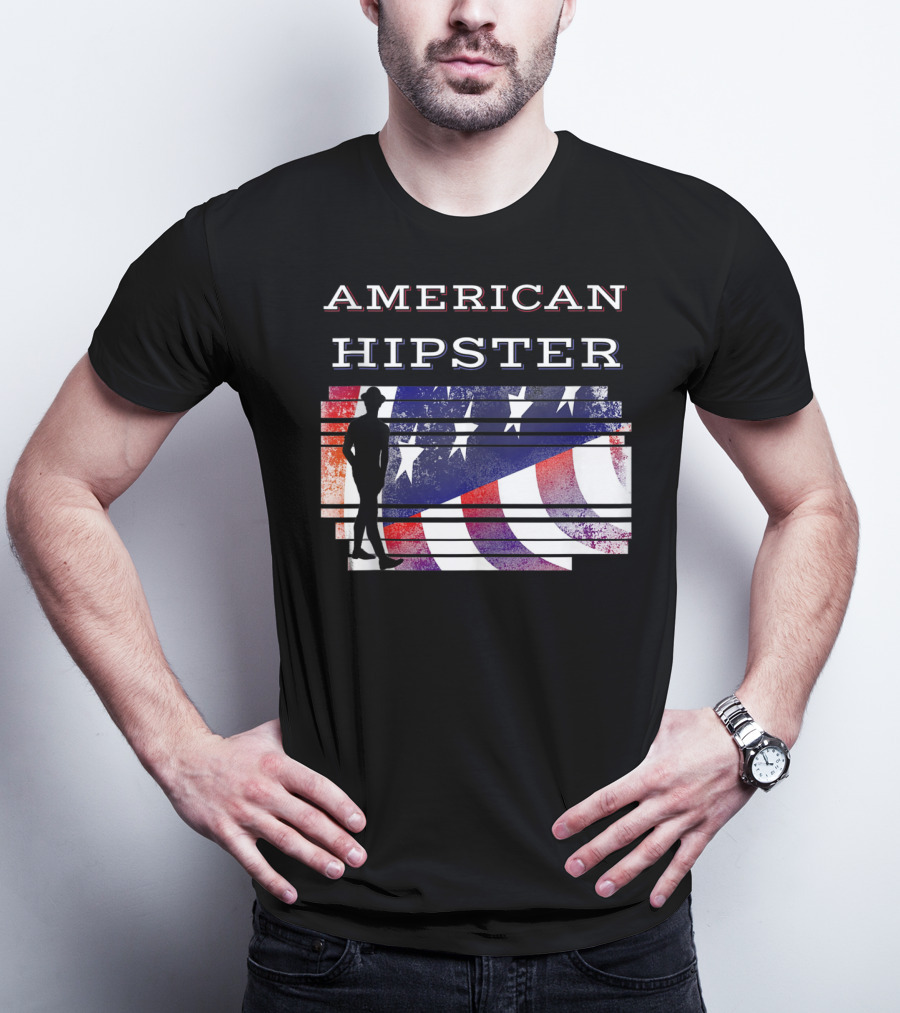 American Hipster Silhouette With Distressed US Flag Background T-Shirt
