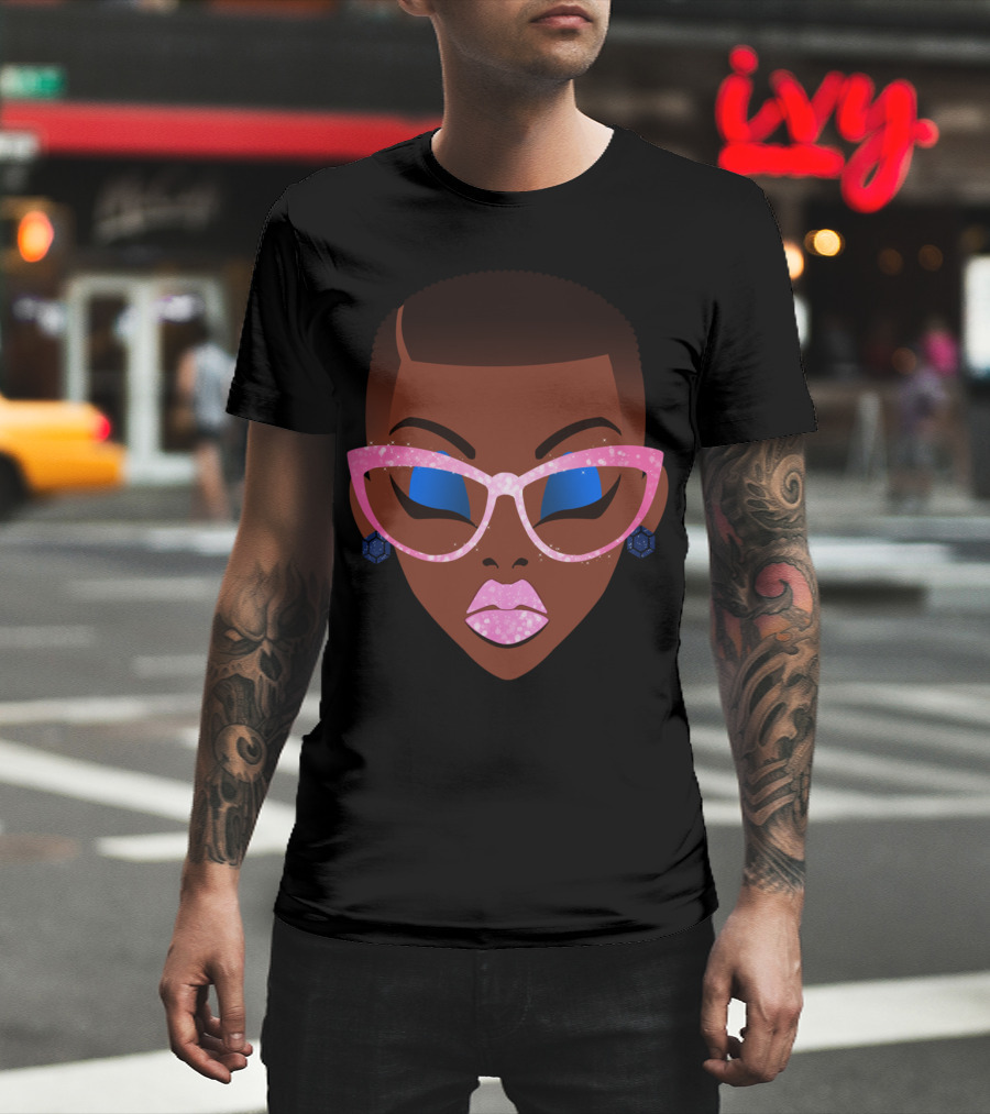 Beautiful Afro Black Girl With Natural Hair Pink Sparkle Glasses T-Shirt