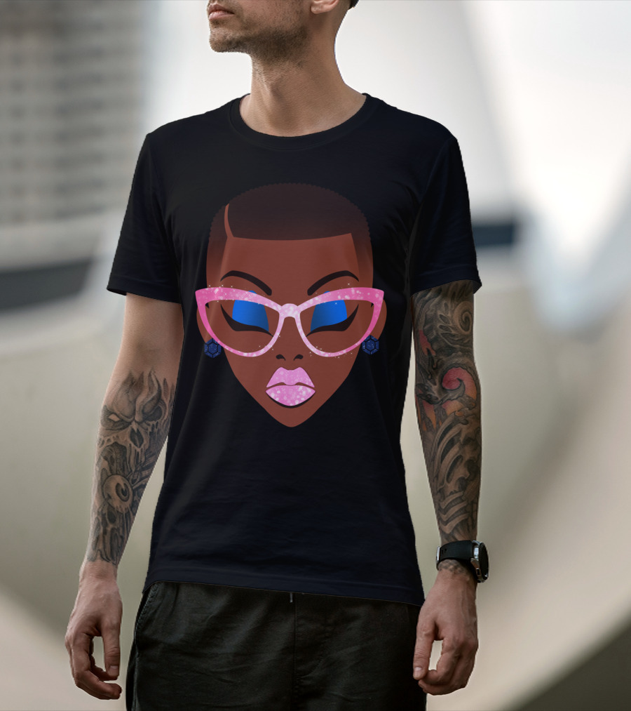 Beautiful Afro Black Girl With Natural Hair Pink Sparkle Glasses T-Shirt