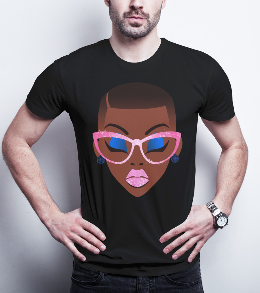 Beautiful Afro Black Girl With Natural Hair Pink Sparkle Glasses T-Shirt