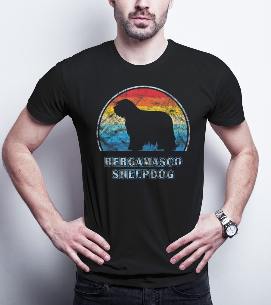 Bergamasco Sheepdog Retro Silhouette Vintage Stripes T-Shirt