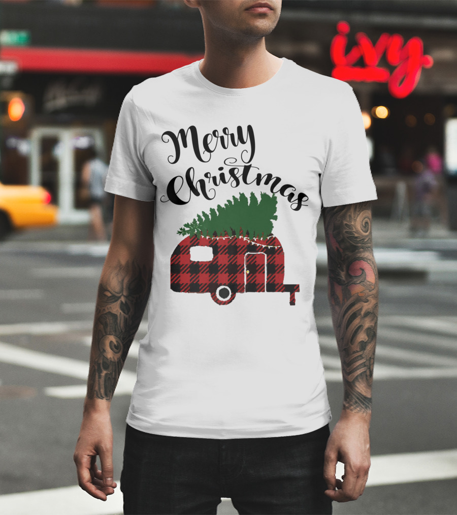 Merry Christmas Buffalo Plaid Camper With Tree T-Shirt