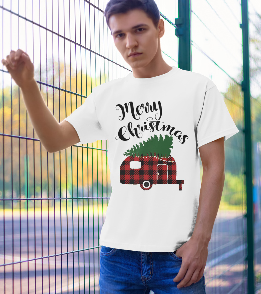 Merry Christmas Buffalo Plaid Camper With Tree T-Shirt
