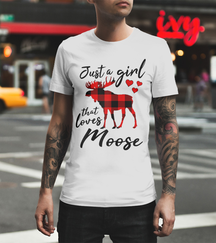 Just A Girl That Loves Moose Buffalo Plaid Hearts T-Shirt