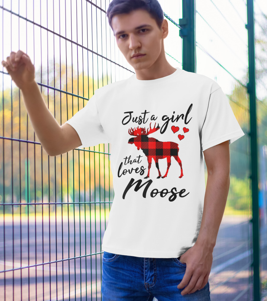 Just A Girl That Loves Moose Buffalo Plaid Hearts T-Shirt