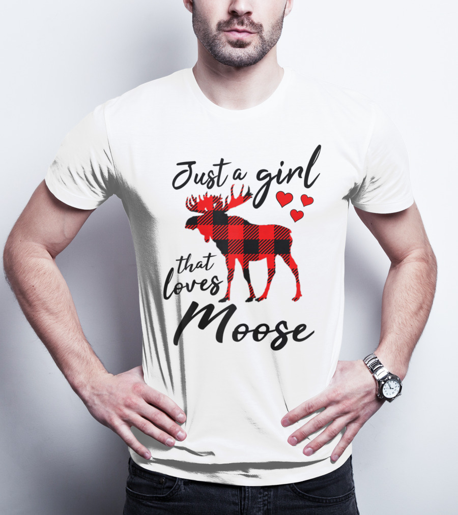 Just A Girl That Loves Moose Buffalo Plaid Hearts T-Shirt