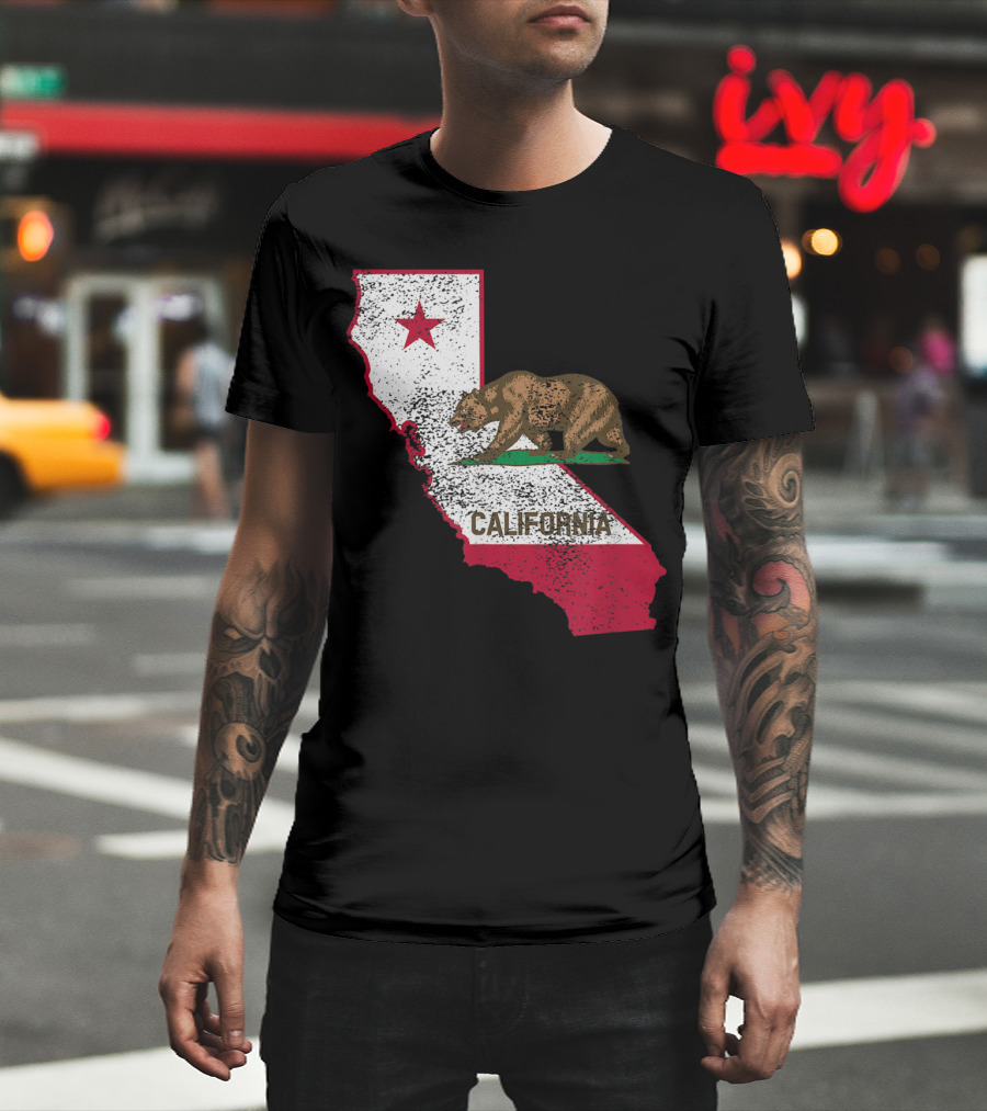 California Flag Bear And Star On State Outline T-Shirt