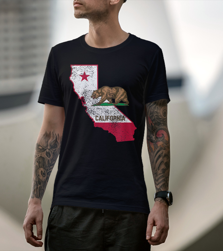 California Flag Bear And Star On State Outline T-Shirt