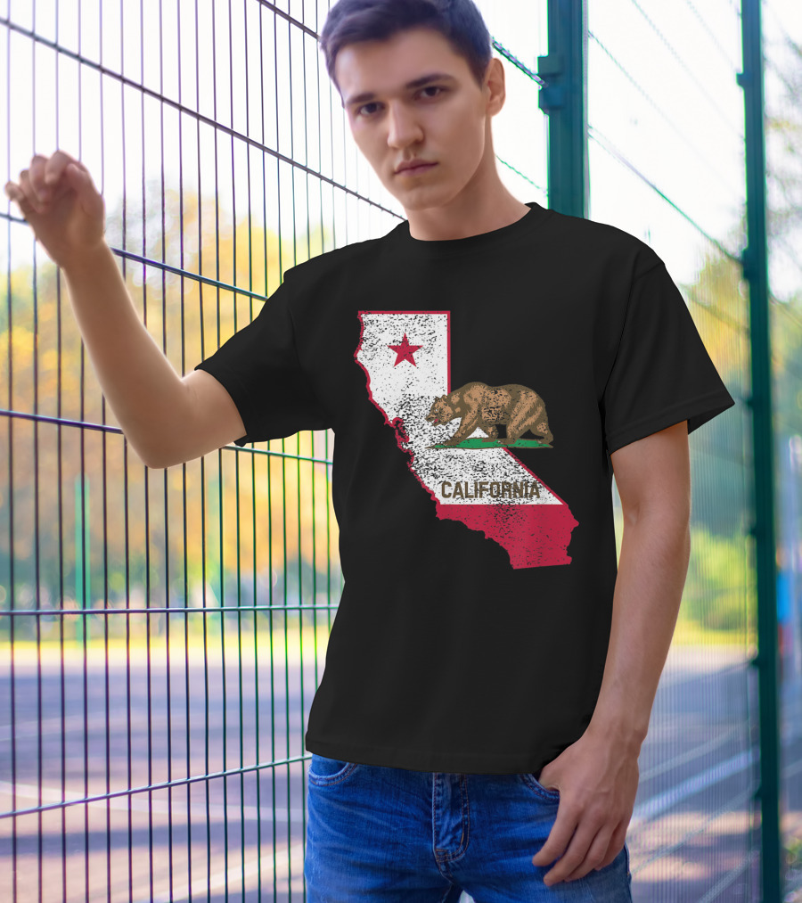 California Flag Bear And Star On State Outline T-Shirt