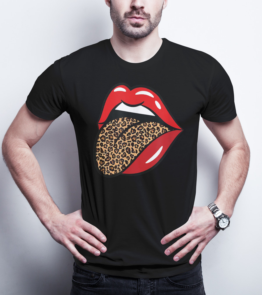 Chic Red Lips Leopard Print Tongue Rock Roll T-Shirt