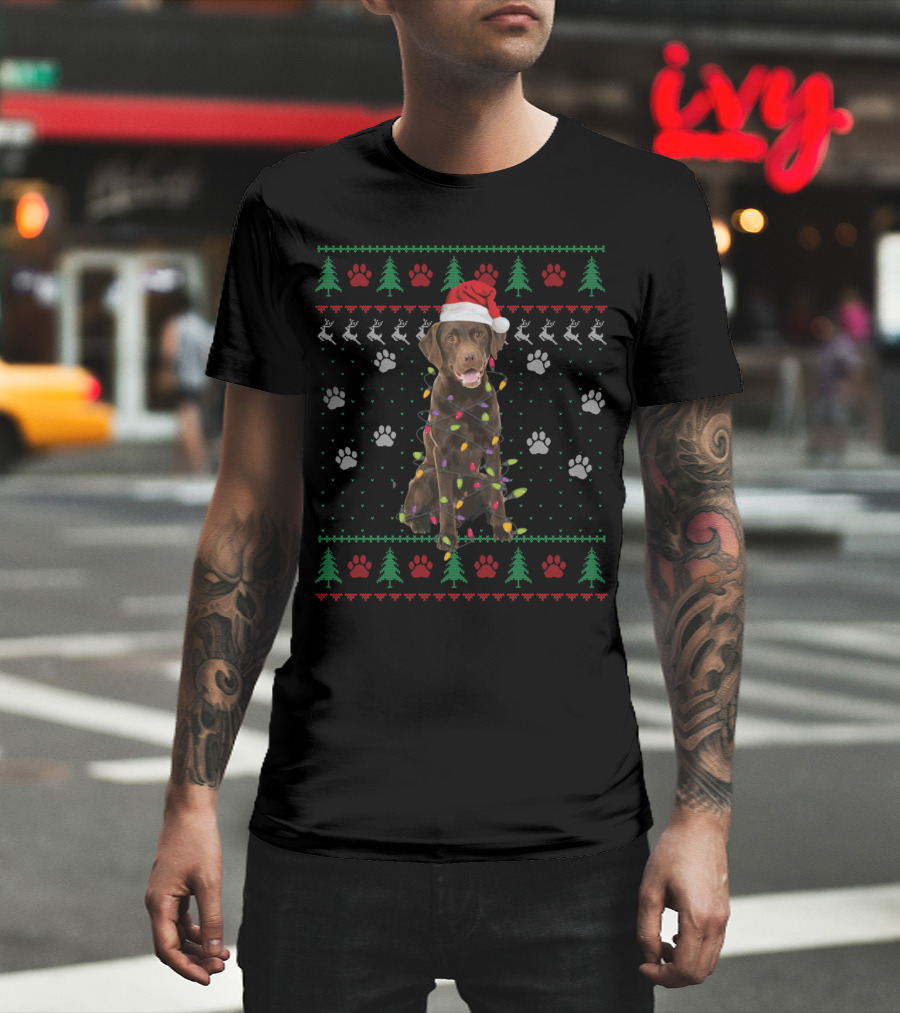 Christmas Chocolate Labrador With Santa Hat And Lights T-Shirt