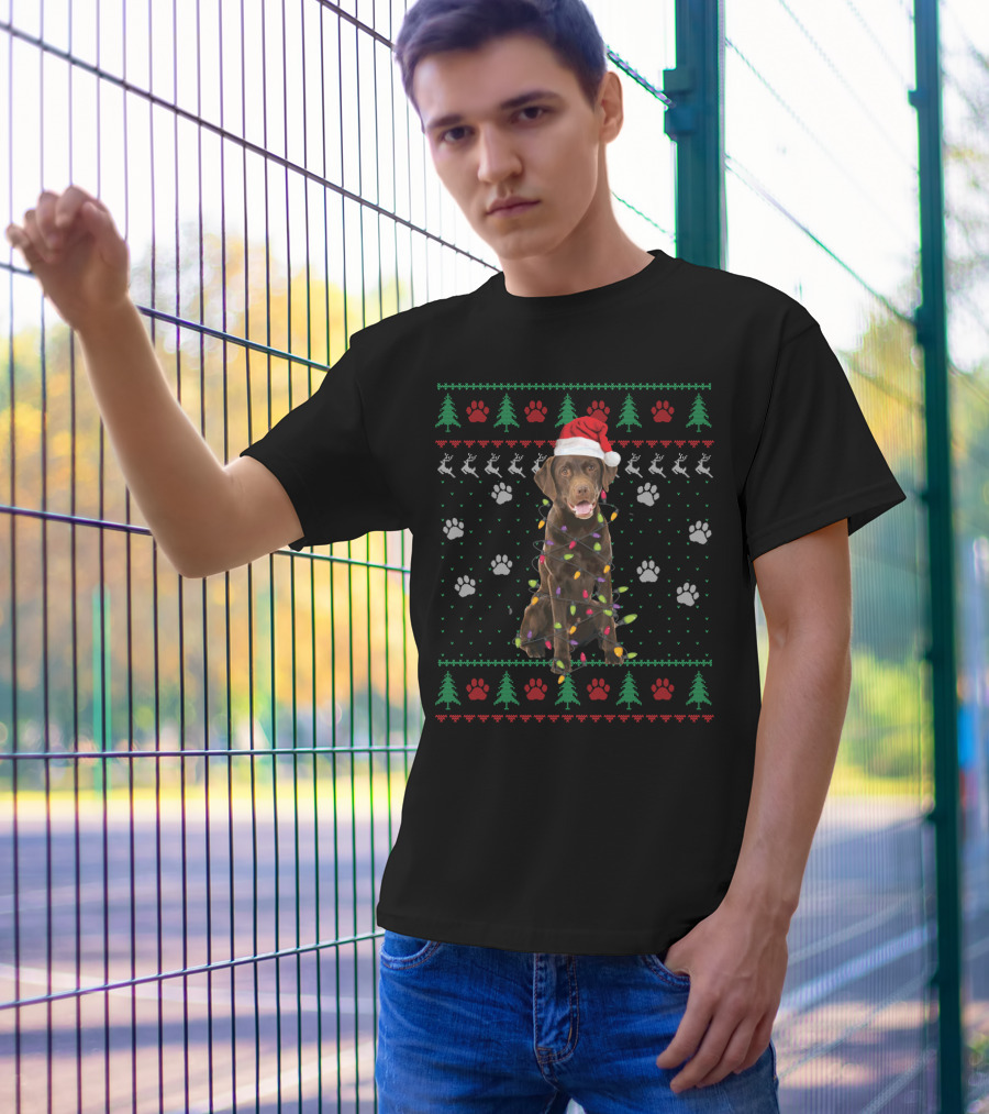 Christmas Chocolate Labrador With Santa Hat And Lights T-Shirt