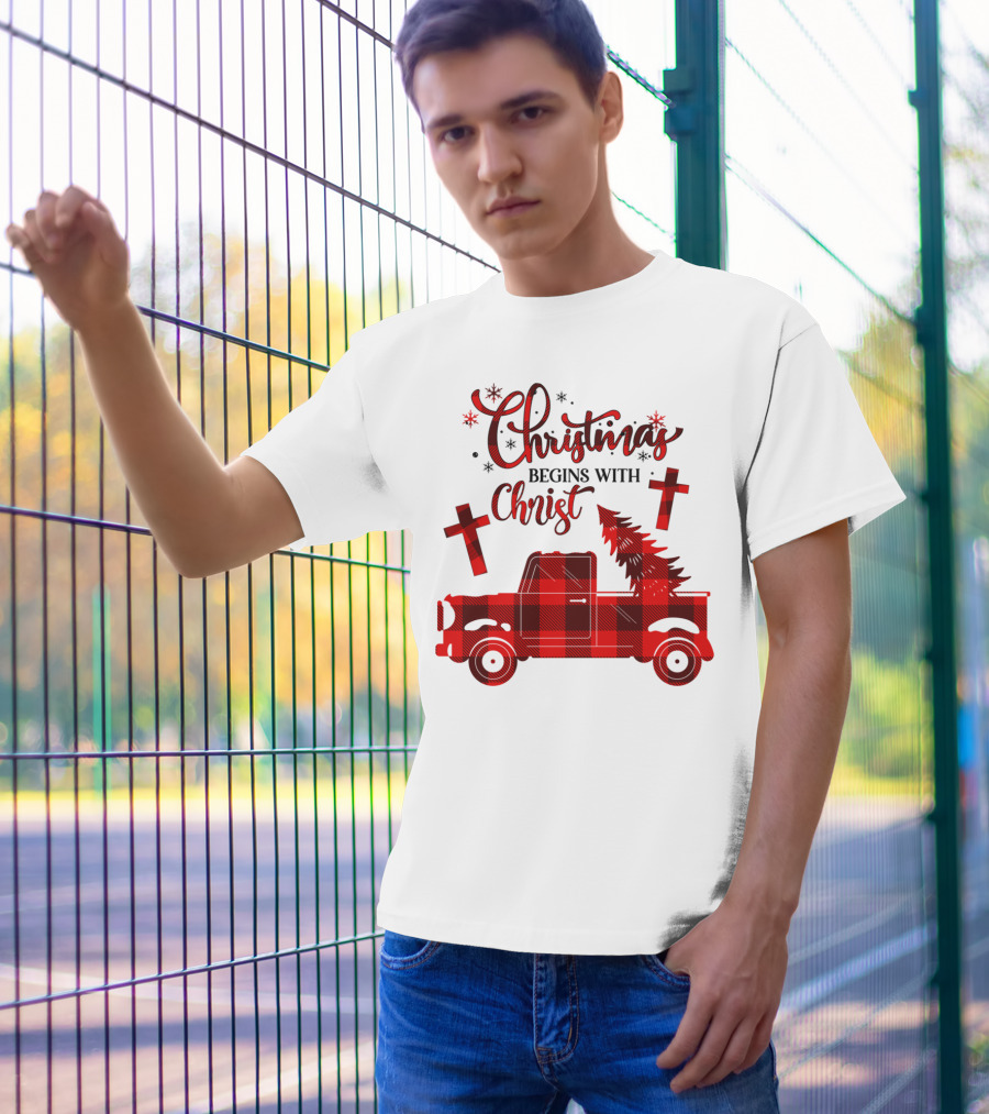 Christmas Begins With Christ Buffalo Plaid Red Truck With Tree And Crosses T-Shirt