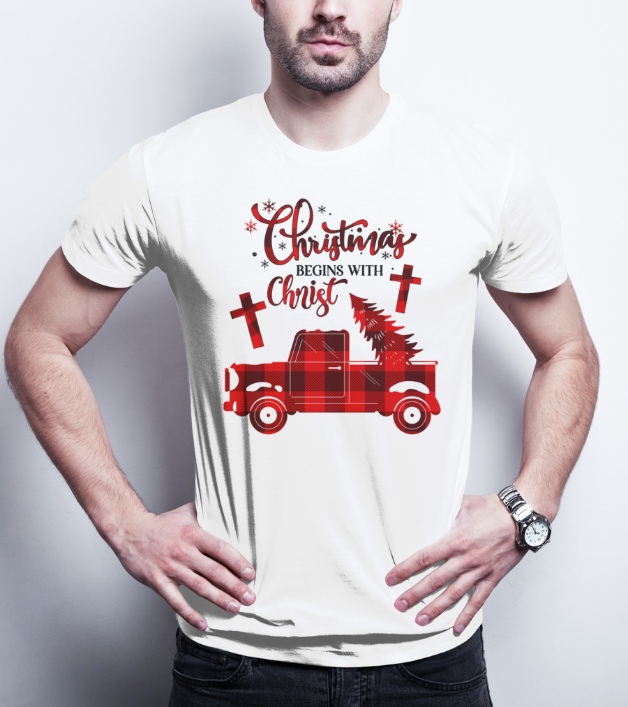 Christmas Begins With Christ Buffalo Plaid Red Truck With Tree And Crosses T-Shirt