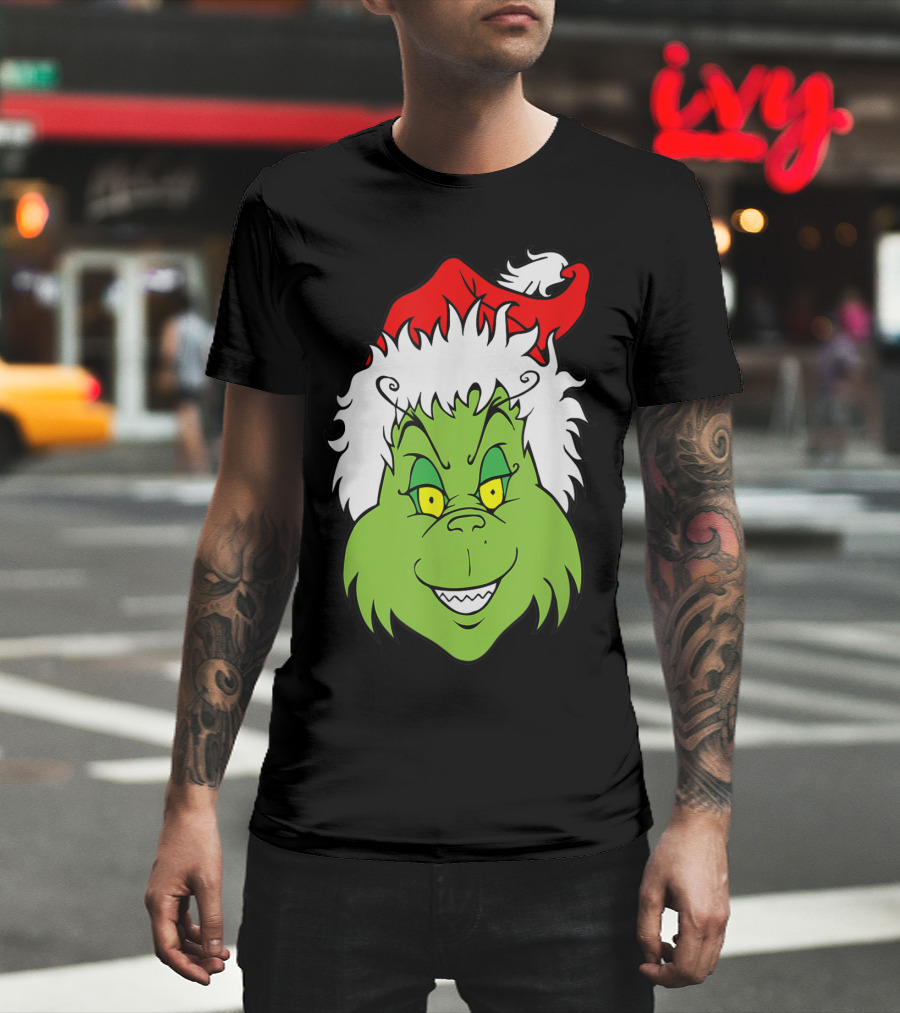 Grinch Christmas Face Santa Hat Smile T-Shirt