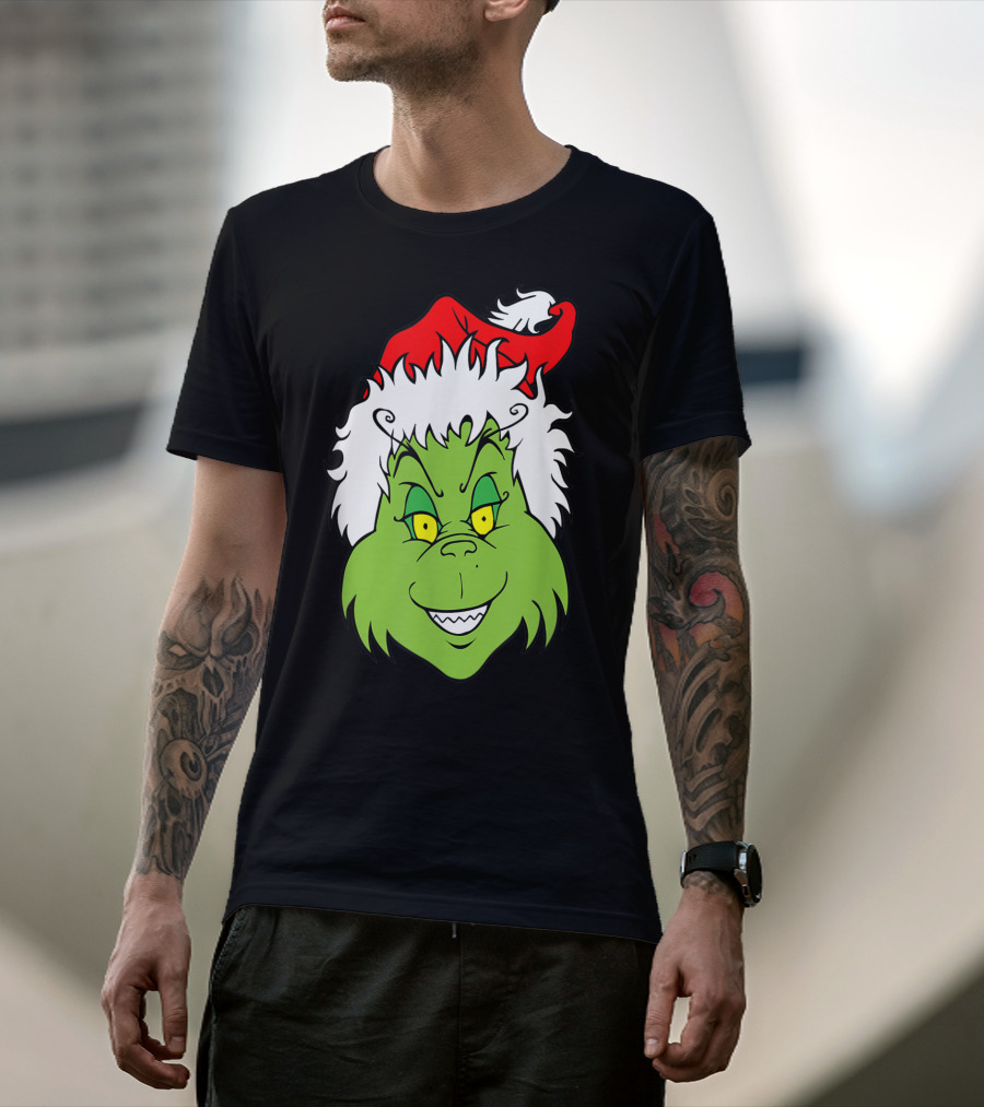 Grinch Christmas Face Santa Hat Smile T-Shirt