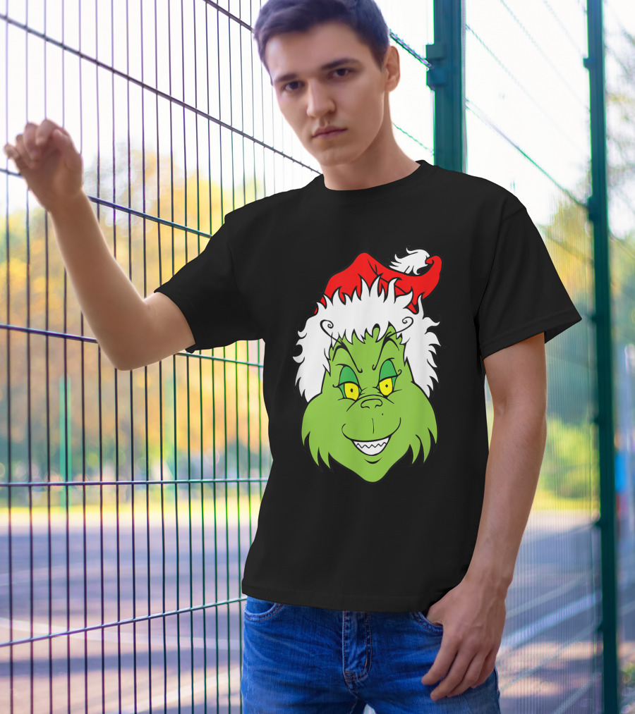 Grinch Christmas Face Santa Hat Smile T-Shirt