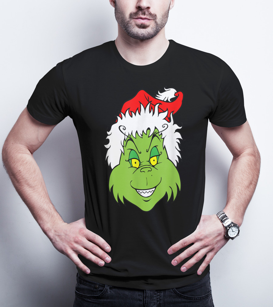 Grinch Christmas Face Santa Hat Smile T-Shirt