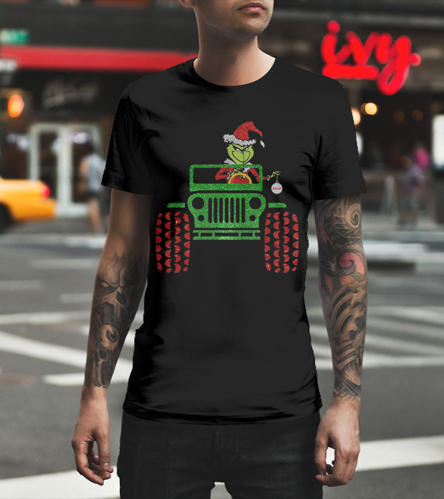 Christmas Grinch Driving Jeep Santa Hat Red Green Glitter Style Jeep T-Shirt
