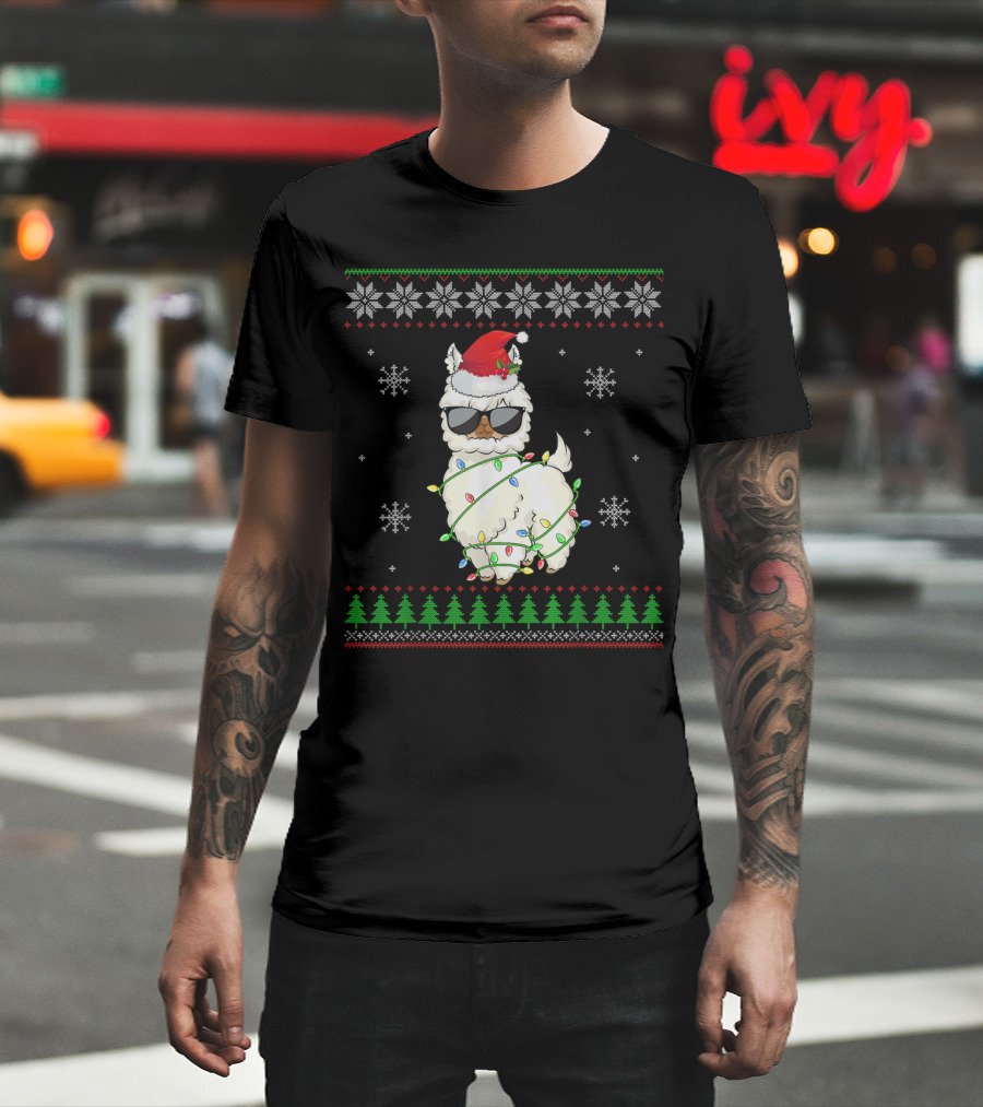 Santa Hat Sunglasses Llama Wrapped In Christmas Lights With Snowflakes And Trees T-Shirt
