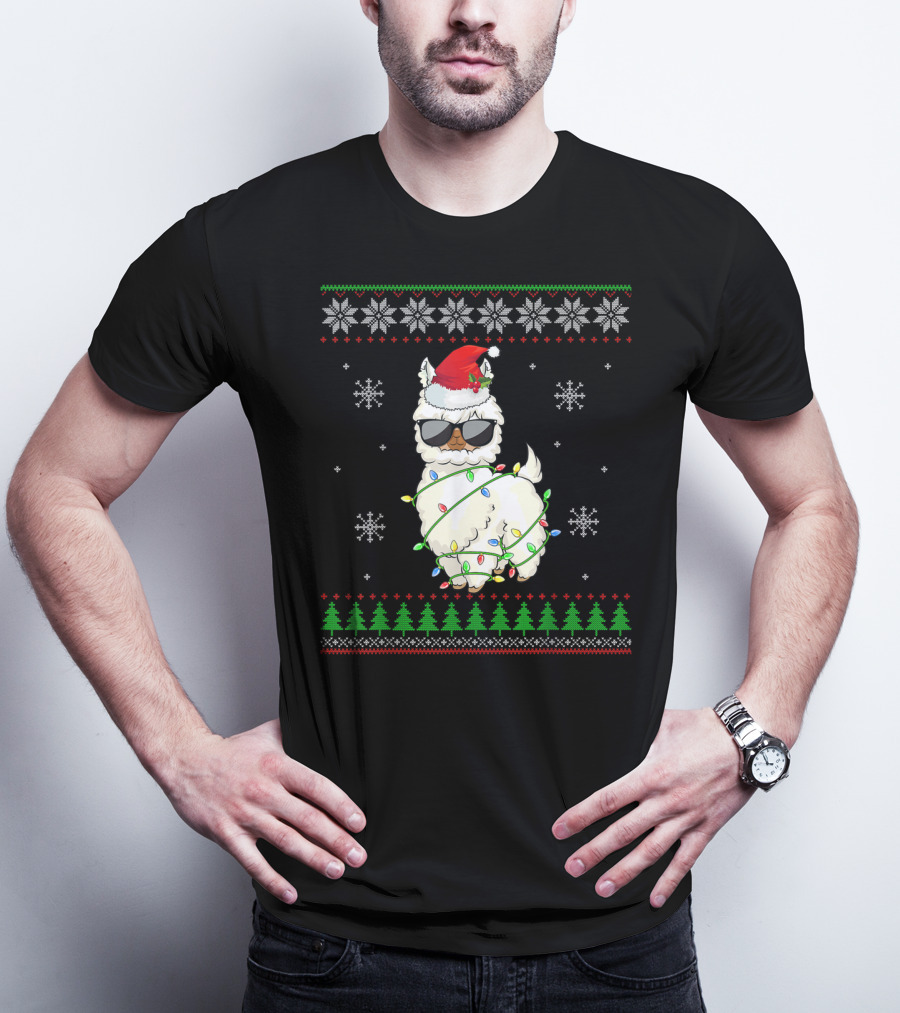 Santa Hat Sunglasses Llama Wrapped In Christmas Lights With Snowflakes And Trees T-Shirt