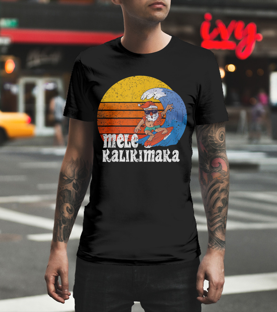Mele Kalikimaka Surfing Santa Sunset Wave T-Shirt