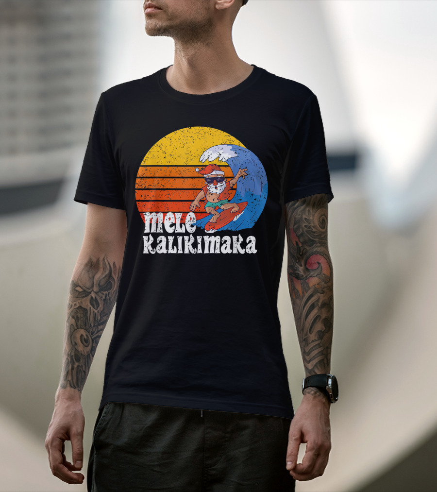 Mele Kalikimaka Surfing Santa Sunset Wave T-Shirt