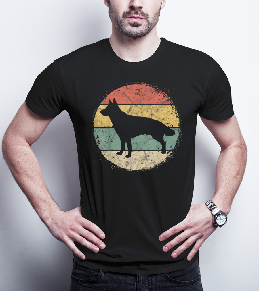 Vintage Circular German Shepherd Silhouette Retro Stripes T-Shirt