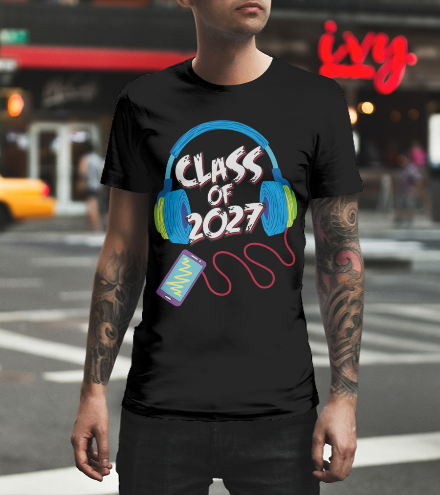Class Of 2027 Headphones Smartphone 5th Grade Boy Girl T-Shirt