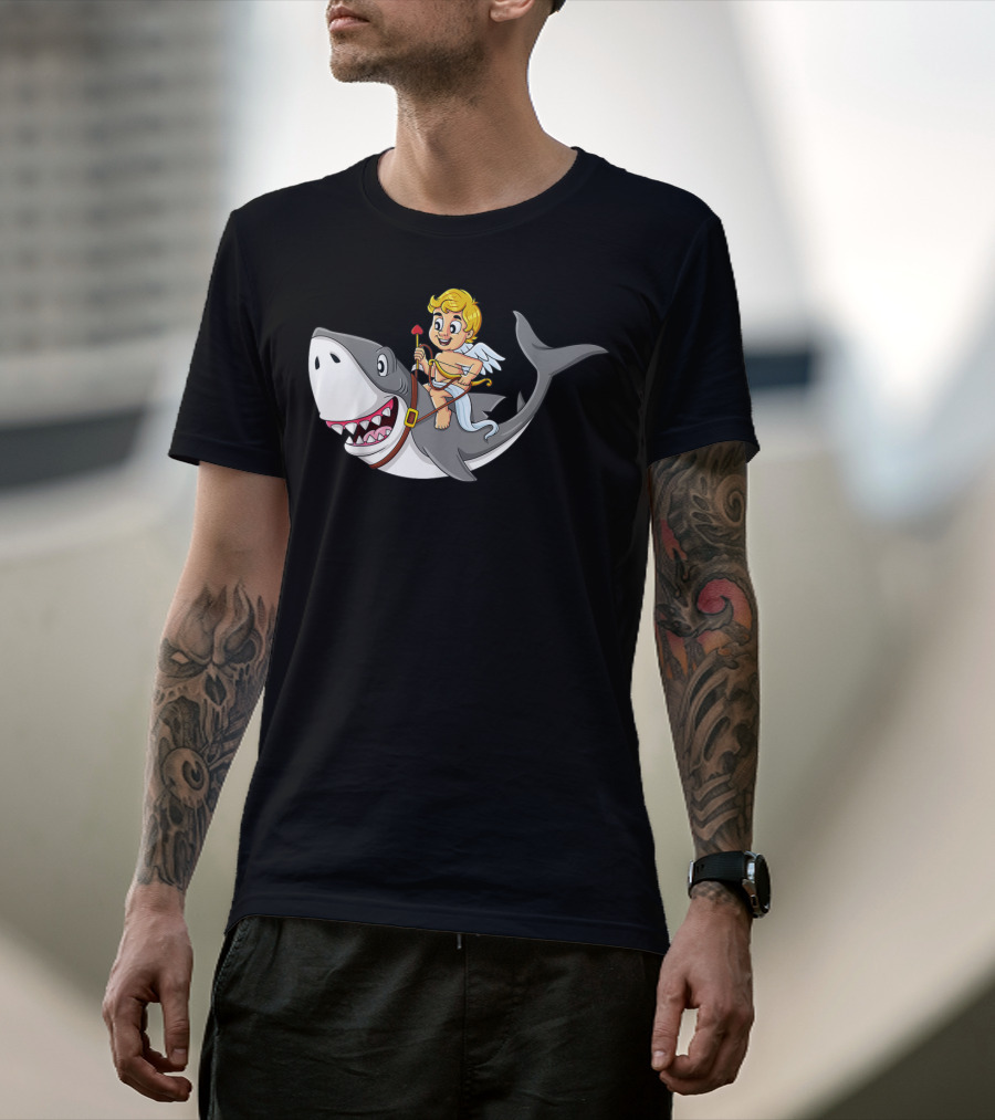 Cupid Riding Shark Valentines Day Iconic Funny Cartoon T-Shirt