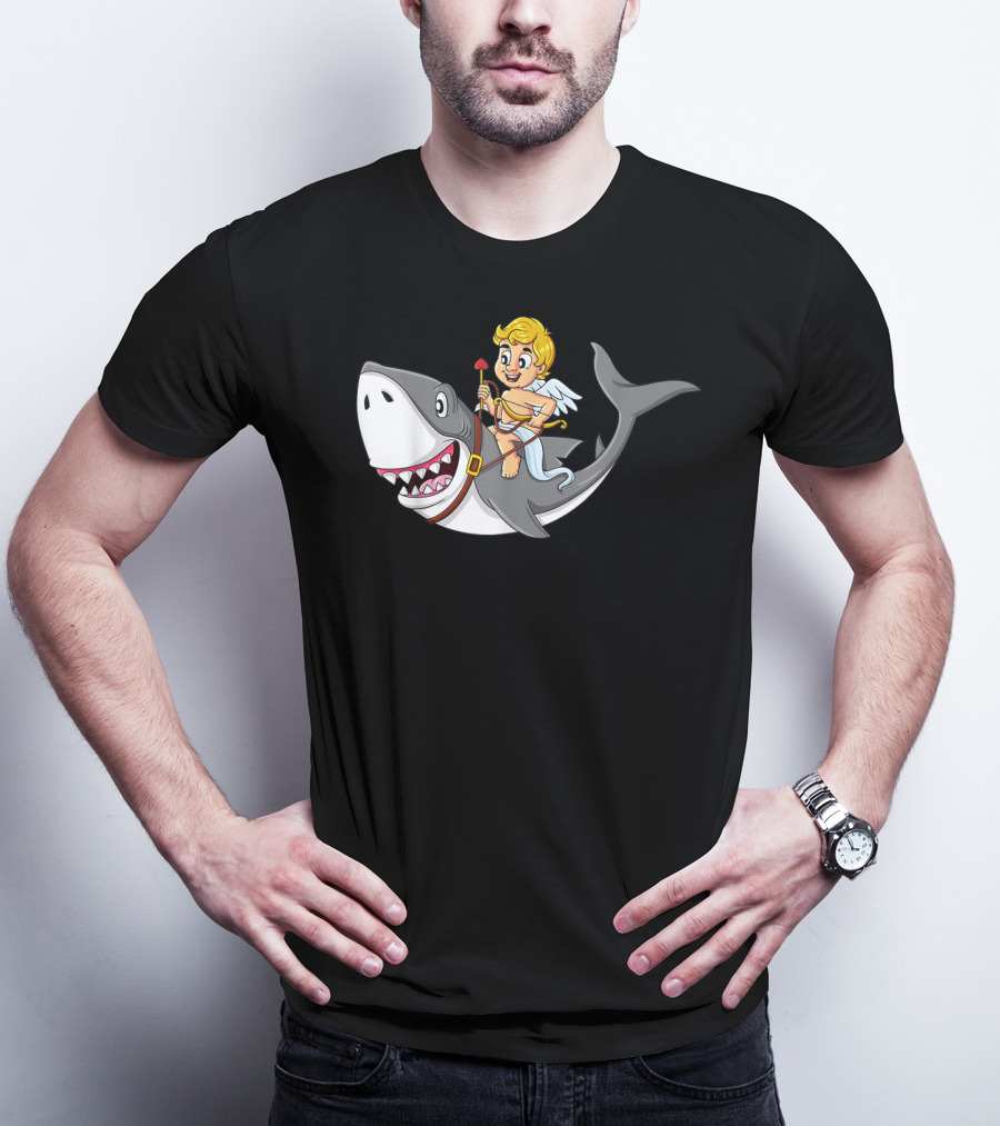 Cupid Riding Shark Valentines Day Iconic Funny Cartoon T-Shirt