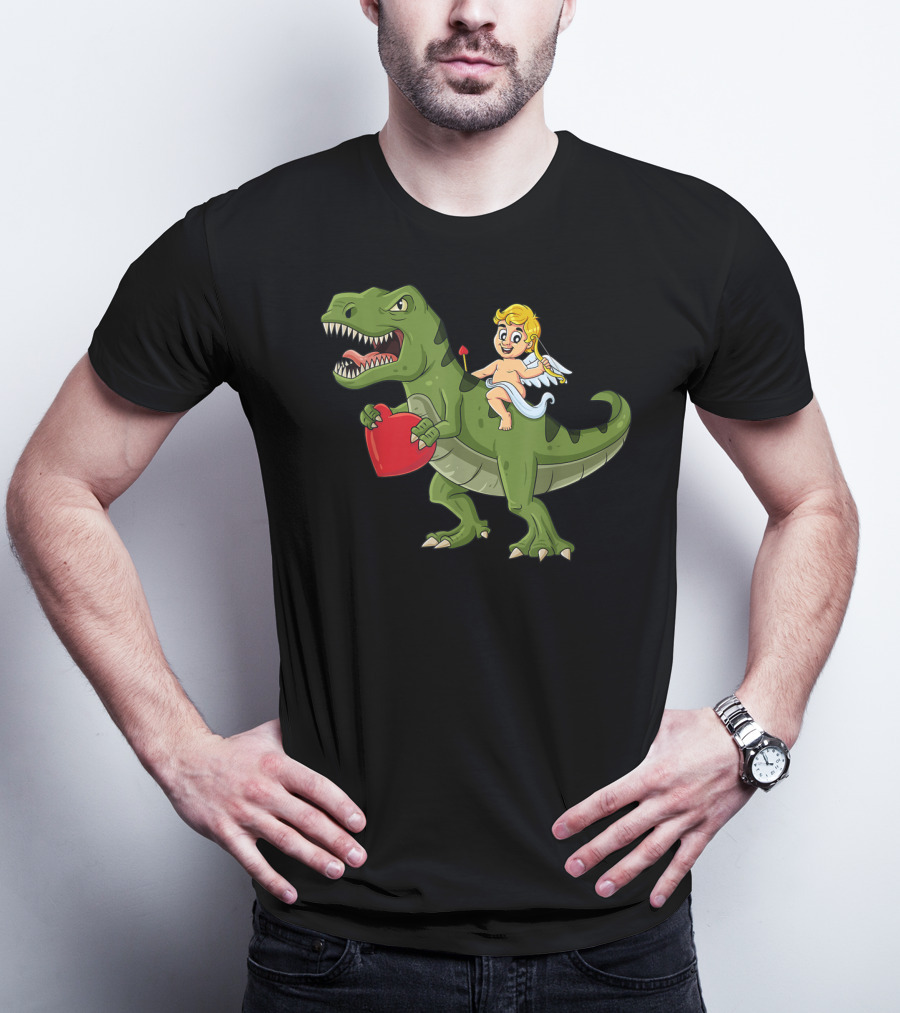 Valentine Cupid On Dinosaur With Heart And Arrow T-Shirt