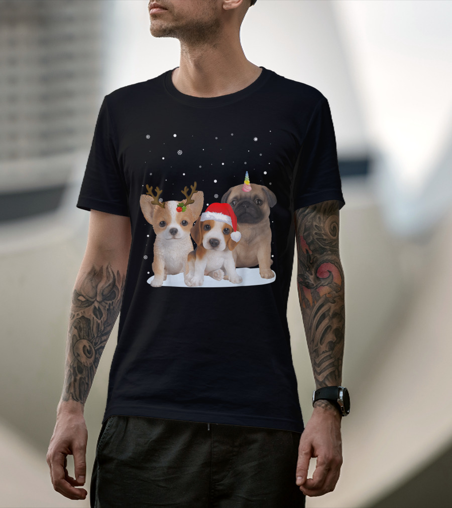 Cute Dogs Reindeer Horns Santa Hat Unicorn Snowflakes T-Shirt