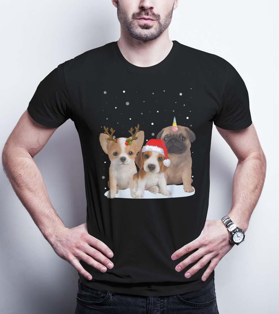 Cute Dogs Reindeer Horns Santa Hat Unicorn Snowflakes T-Shirt