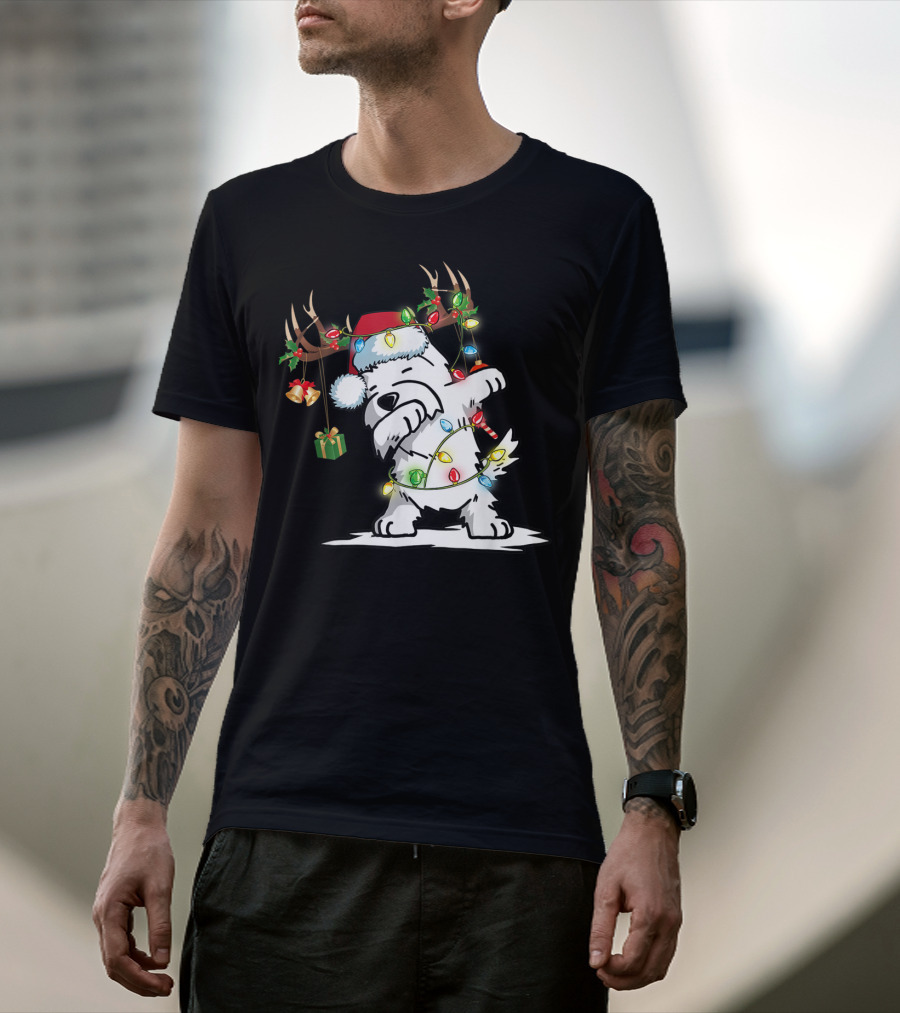 Dabbing Westie Dog Reindeer Lights Santa Hat Christmas Gifts T-Shirt