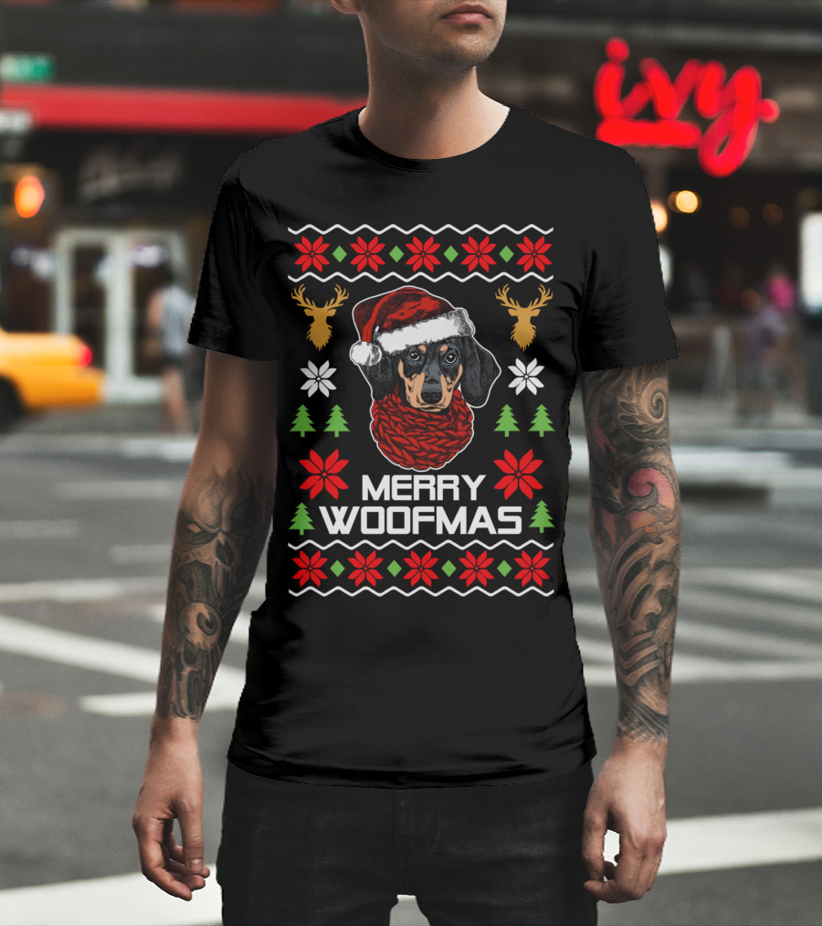 Merry Woofmas Dachshund Santa Hat Christmas Reindeer Snowflakes Trees T-Shirt