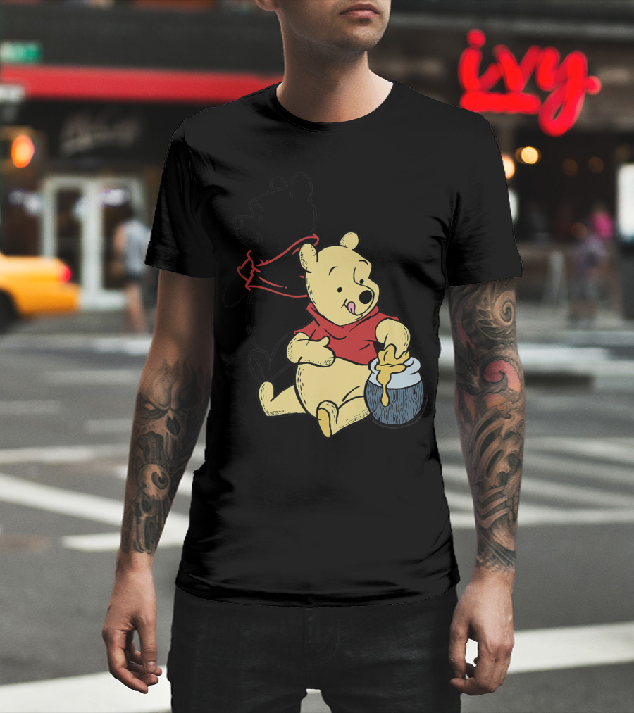 Disney Winnie The Pooh Outline And Colored Character Sitting With Honey Jar T-Shirt