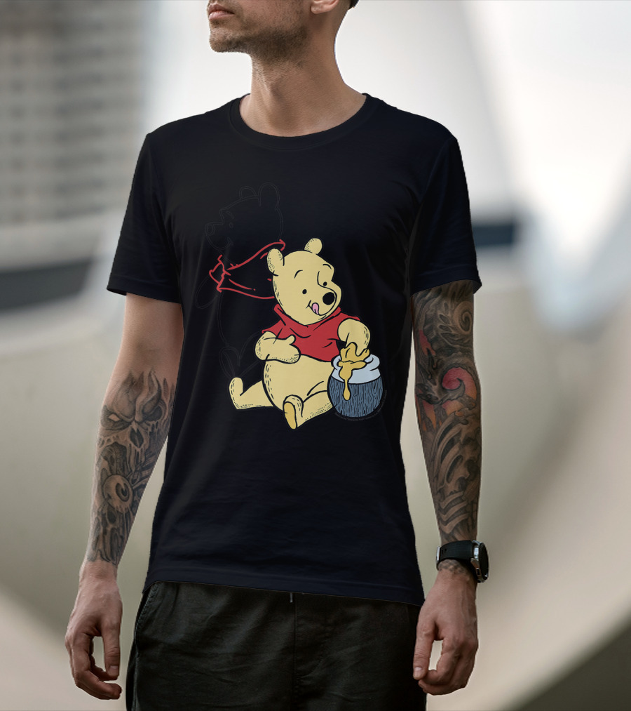 Disney Winnie The Pooh Outline And Colored Character Sitting With Honey Jar T-Shirt