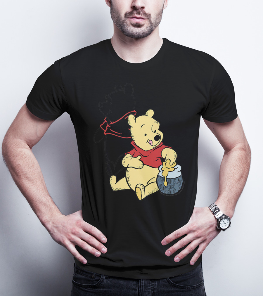 Disney Winnie The Pooh Outline And Colored Character Sitting With Honey Jar T-Shirt