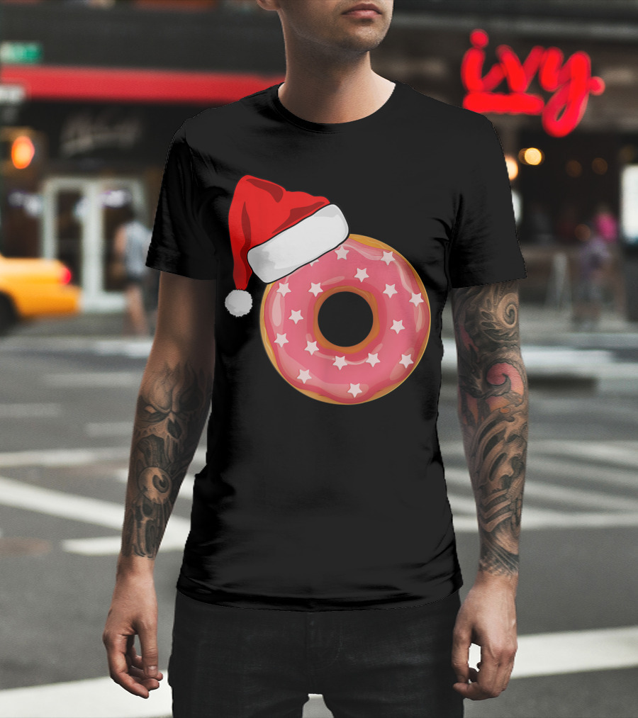 Santa Hat On Pink Strawberry Donut With Stars T-Shirt