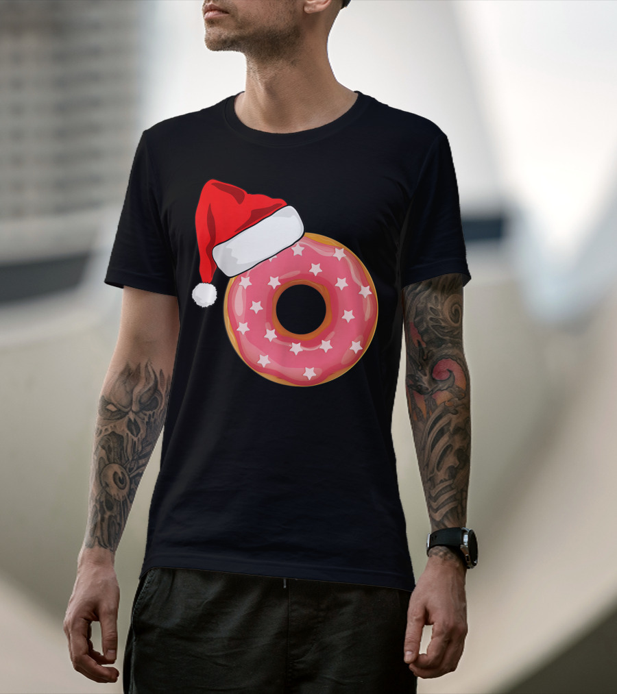 Santa Hat On Pink Strawberry Donut With Stars T-Shirt