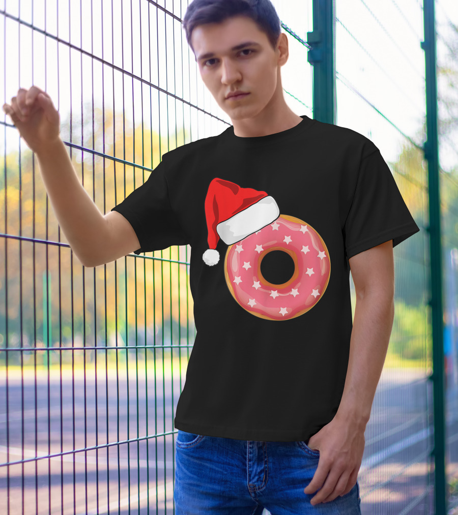 Santa Hat On Pink Strawberry Donut With Stars T-Shirt
