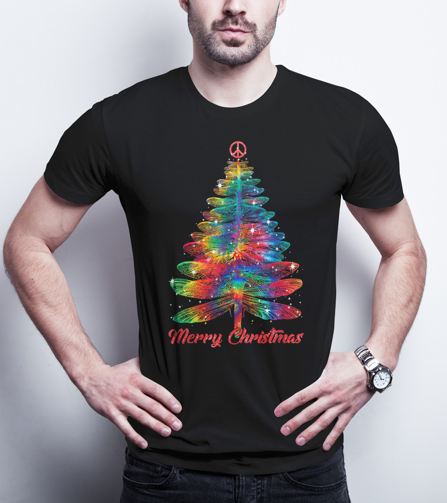 Merry Christmas Dragonfly Peace Sign Christmas Tree T-Shirt