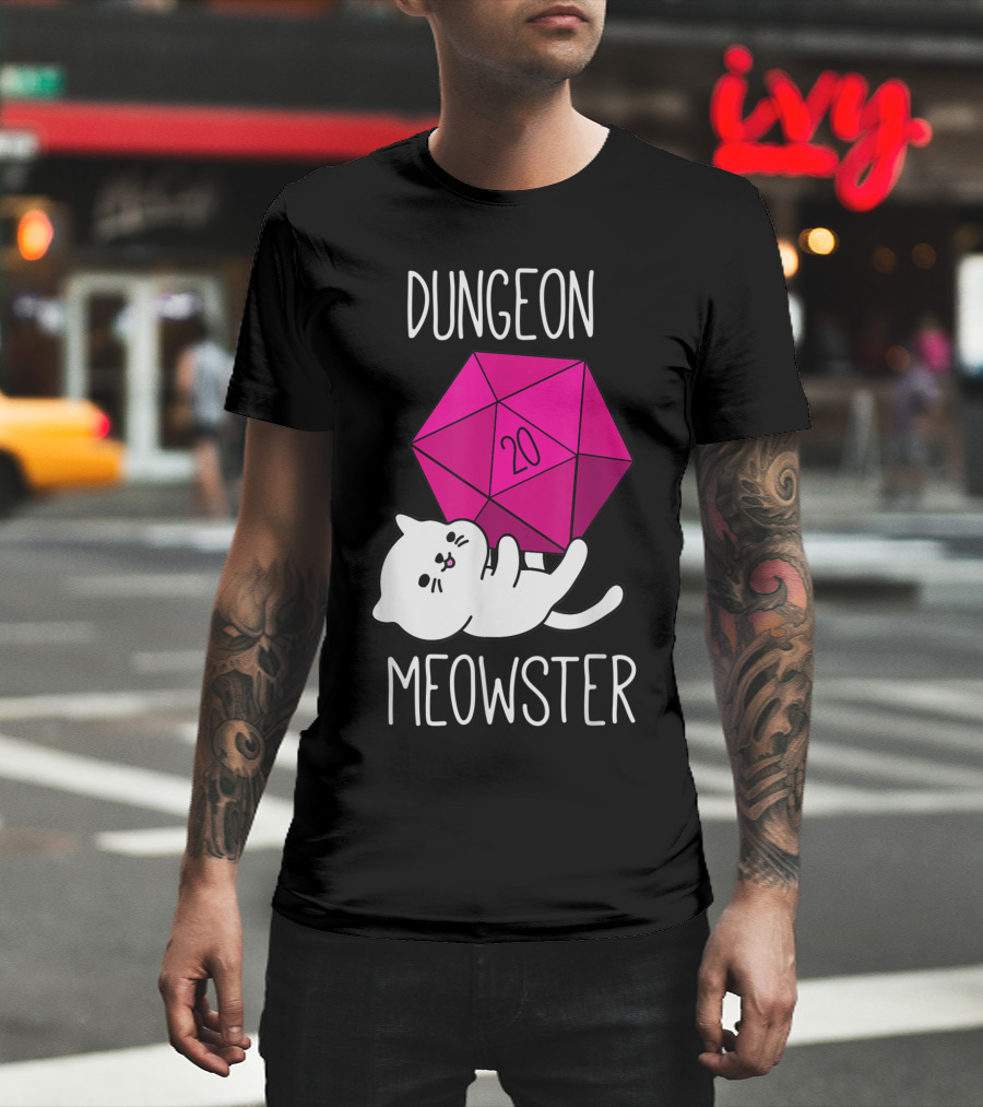 Dungeon Meowster Funny Nerdy Cat D20 Dice T-Shirt